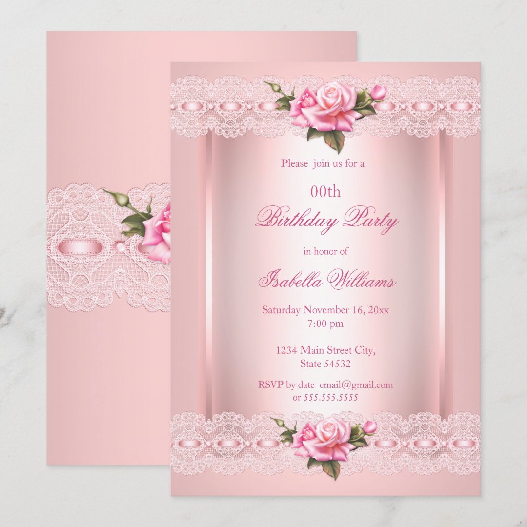 Floral blush Pink lace roses Birthday Party Invitation | Zazzle
