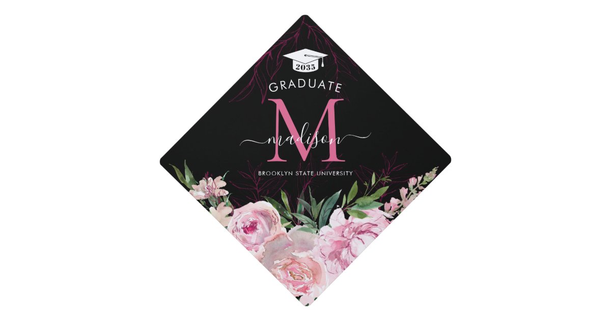 Floral Blush Pink Monogram Girly Script Class Grad Graduation Cap ...