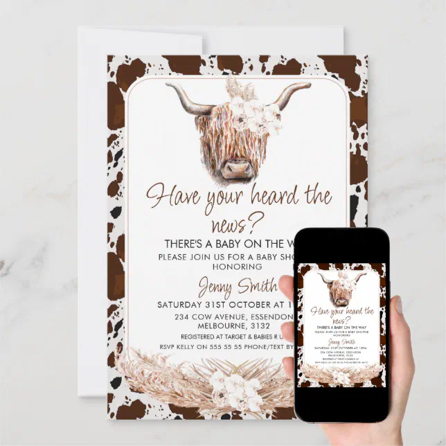 Floral Boho Highland Cow Cow Print Baby Shower Invitation | Zazzle