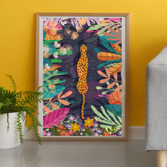 floral boho retro Jungle Leopard yellow multicolor Poster | Zazzle