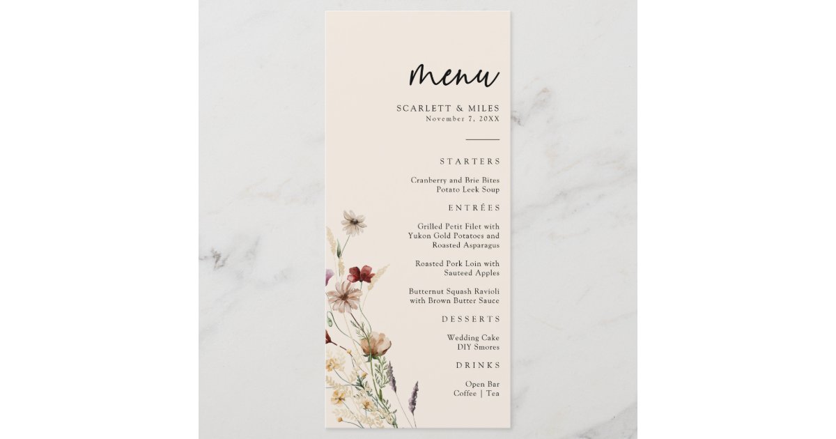Floral Boho Wedding Menu | Zazzle