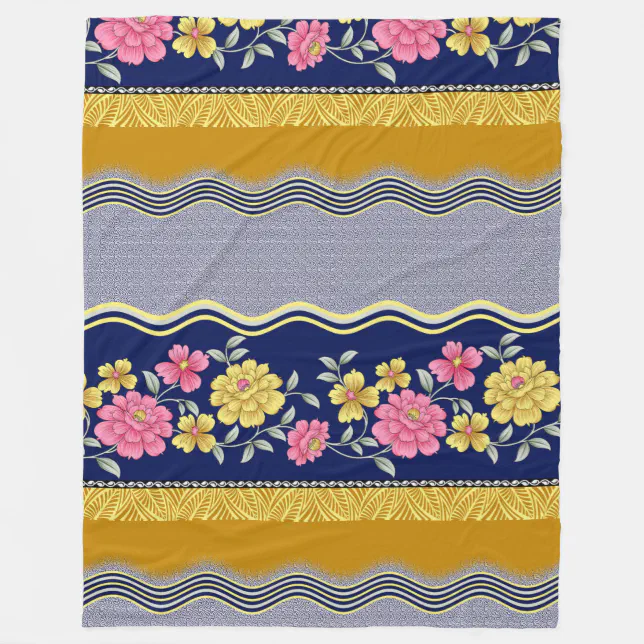Floral Border Blue Background Zig Zag Pattern Fleece Blanket | Zazzle