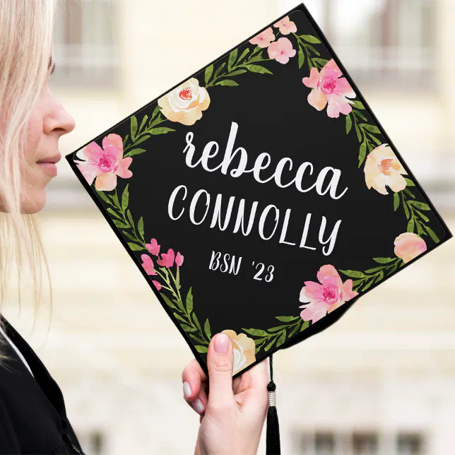 Floral Border | Custom Name and Class Year Graduation Cap Topper | Zazzle