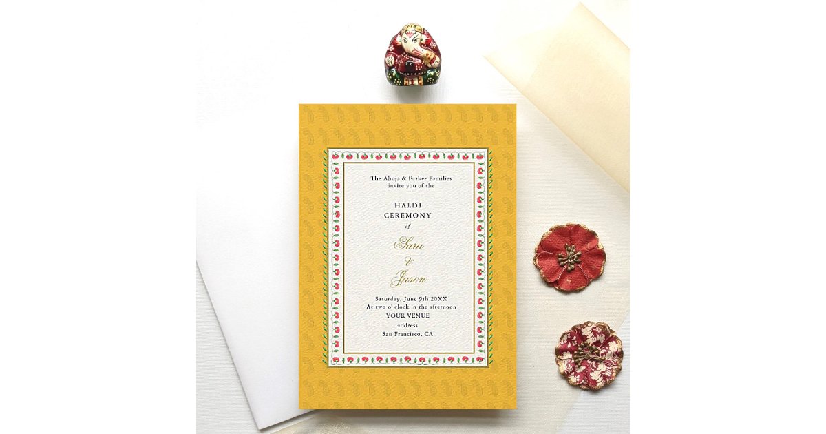 Floral border Gold Indian wedding Haldi Ceremony Invitation | Zazzle