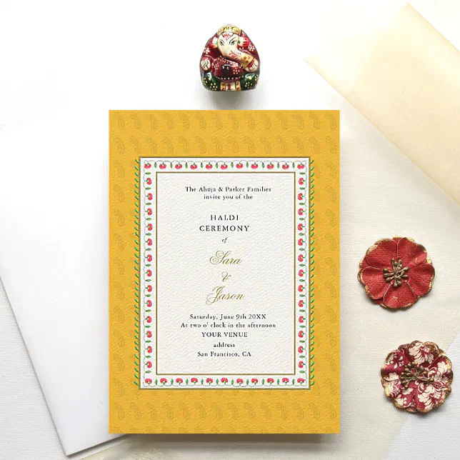 Floral border Gold Indian wedding Haldi Ceremony Invitation | Zazzle