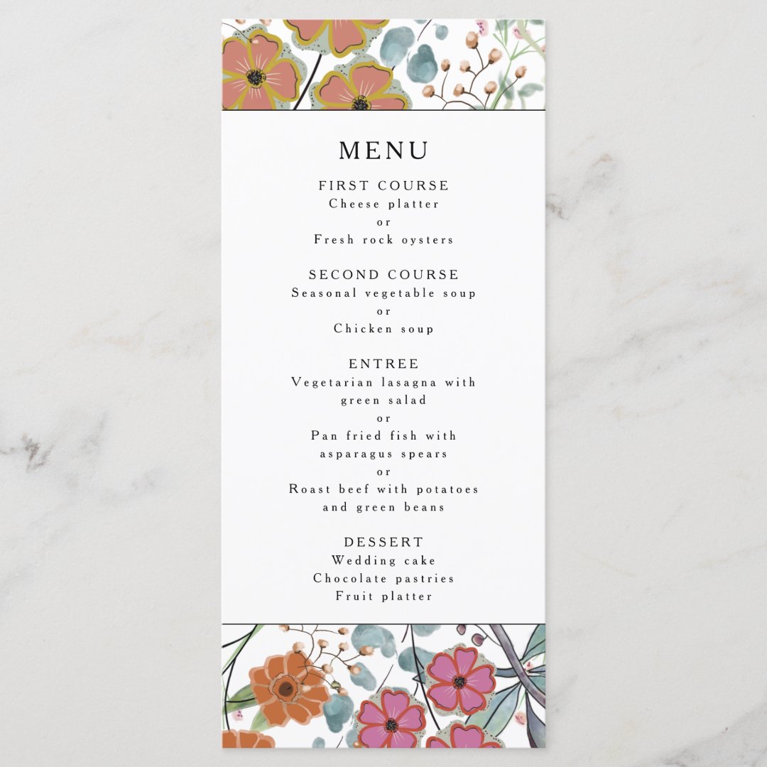 Floral border of wild flowers Wedding menu | Zazzle