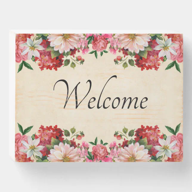 Floral Border Welcome Wooden Box Sign | Zazzle