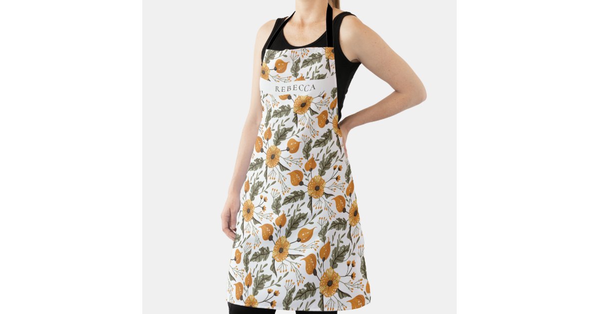 Floral Botanical Pattern White Golden Custom Name Apron | Zazzle