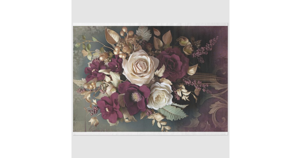 Floral Bouquet, maroon red, green and gold Tissue Paper | Zazzle