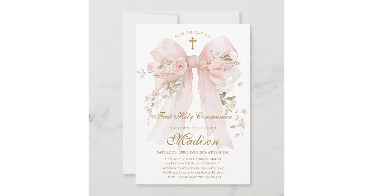 Floral Bow First Holy Communion Invitation | Zazzle