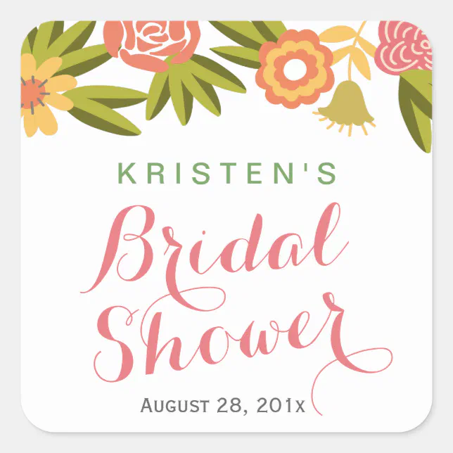 Floral Bridal Shower | Modern Calligraphy Script Square Sticker | Zazzle