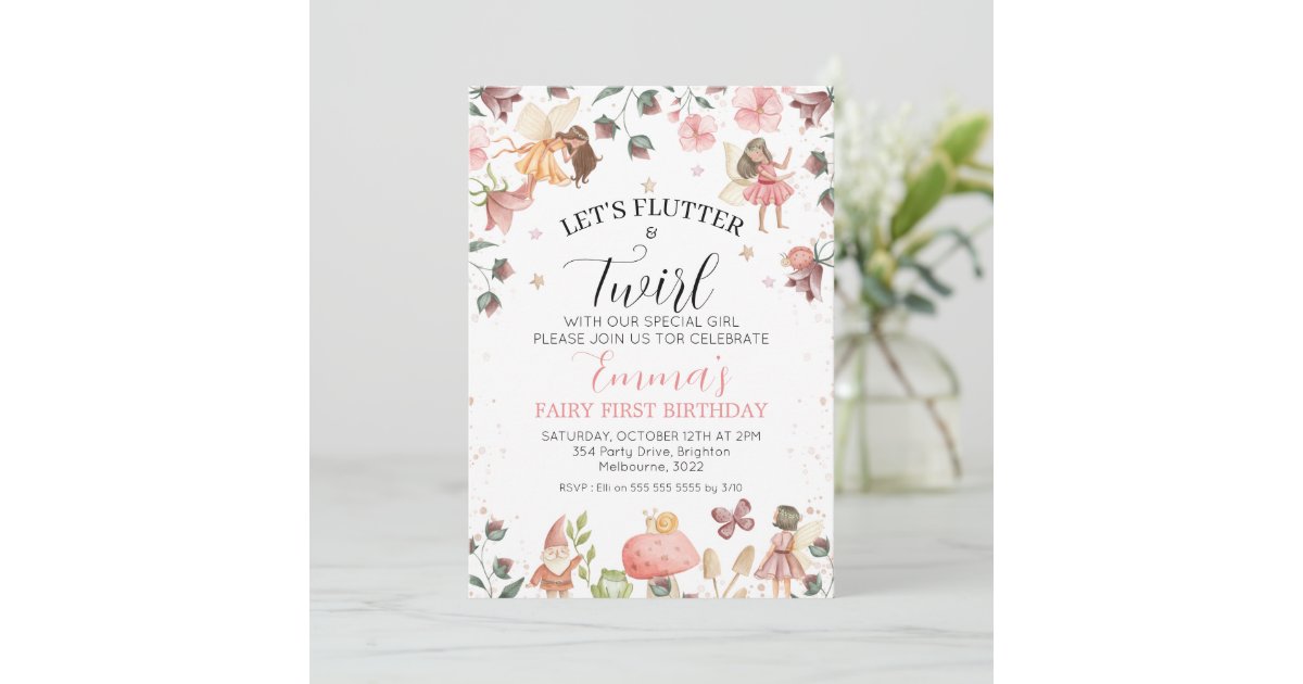 Floral Brown Fairies Flutter Twirl 1st Birthday Invitation | Zazzle