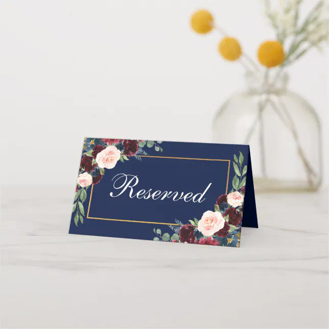 Floral Burgundy Blue Gold Wedding Reserved Place Card | Zazzle