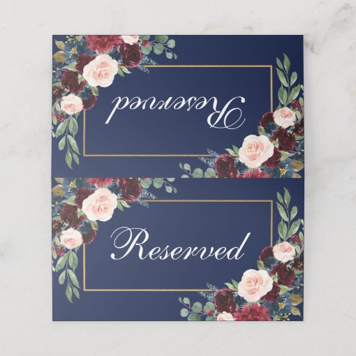 Floral Burgundy Blue Gold Wedding Reserved Place Card | Zazzle