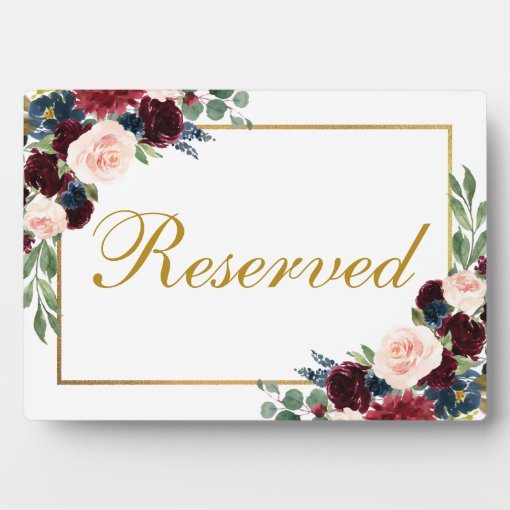 Floral Burgundy Blue Wedding Reserved 5x7 Table Plaque | Zazzle