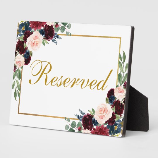 Floral Burgundy Blue Wedding Reserved 5x7 Table Plaque | Zazzle.com