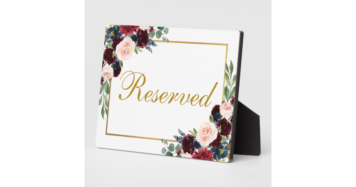 Floral Burgundy Blue Wedding Reserved 5x7 Table Plaque | Zazzle