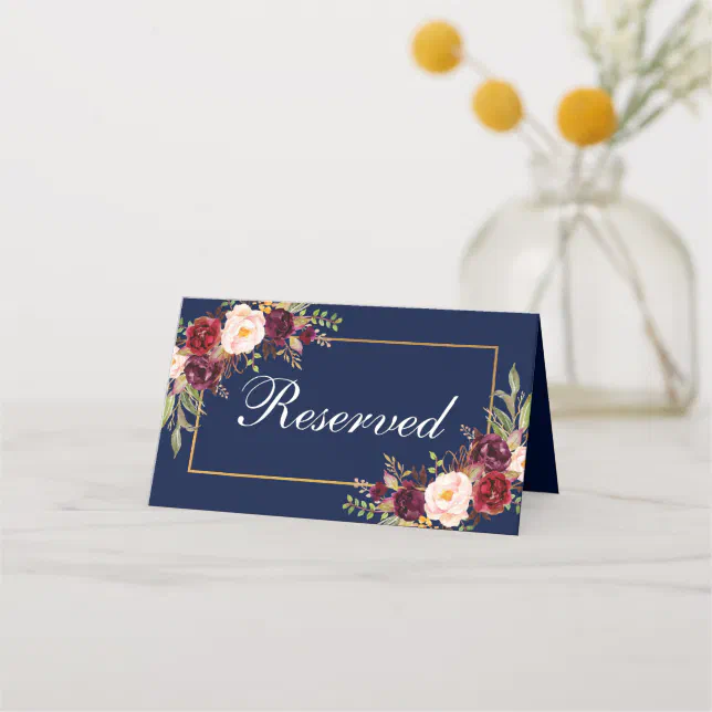 Floral Burgundy Blue Wedding Reserved Place Card | Zazzle