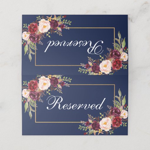 Floral Burgundy Blue Wedding Reserved Place Card | Zazzle