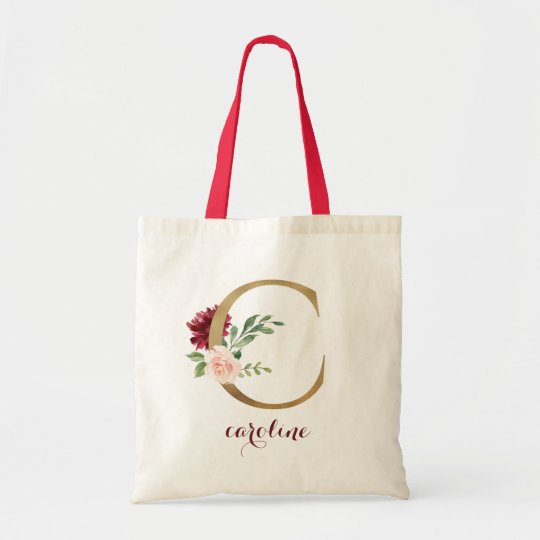 Floral Burgundy Blush Gold Monogram Letter "C" Tote Bag | Zazzle.com
