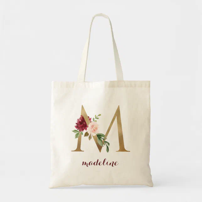 Floral Burgundy Blush Gold Monogram Letter "M" Tote Bag | Zazzle