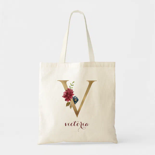 Floral Burgundy Blush Gold Monogram Letter "V" Tote Bag | Zazzle