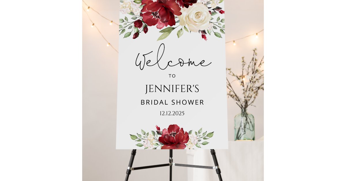 Floral burgundy bridal shower welcome foam board | Zazzle