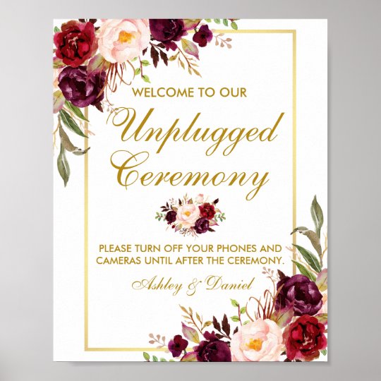 Floral Burgundy Gold Wedding Ceremony Unplugged Poster | Zazzle.com