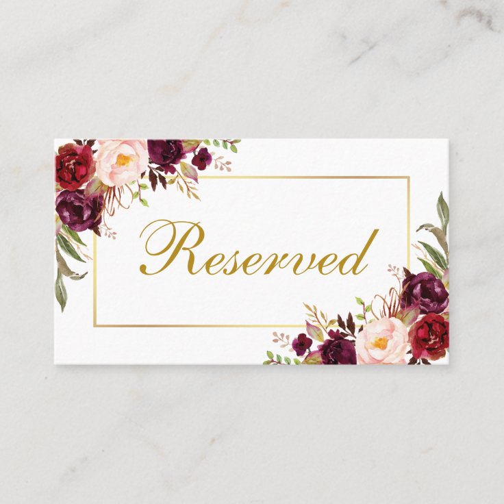 Floral Burgundy Gold Wedding Reserved Place Card | Zazzle