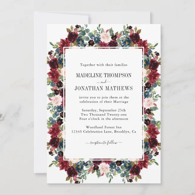 Floral Burgundy Navy Blue Square Border Wedding Invitation | Zazzle