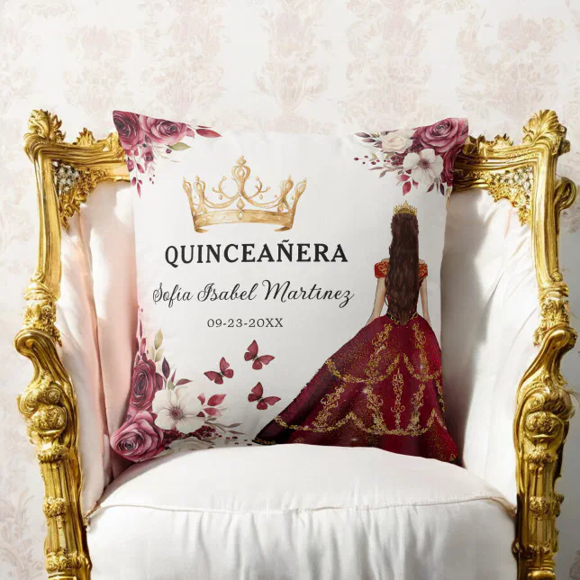Floral Burgundy Princess Quinceanera Birthday Throw Pillow | Zazzle