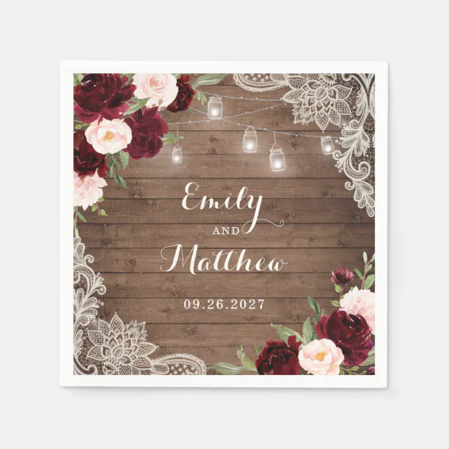 Floral Burgundy Rustic Wood Lace String Lights Napkins | Zazzle