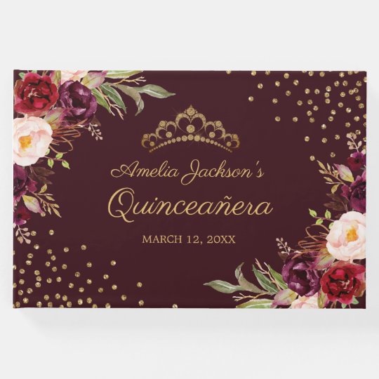 Floral Burgundy Sparkle Quinceanera Guest Book | Zazzle.com