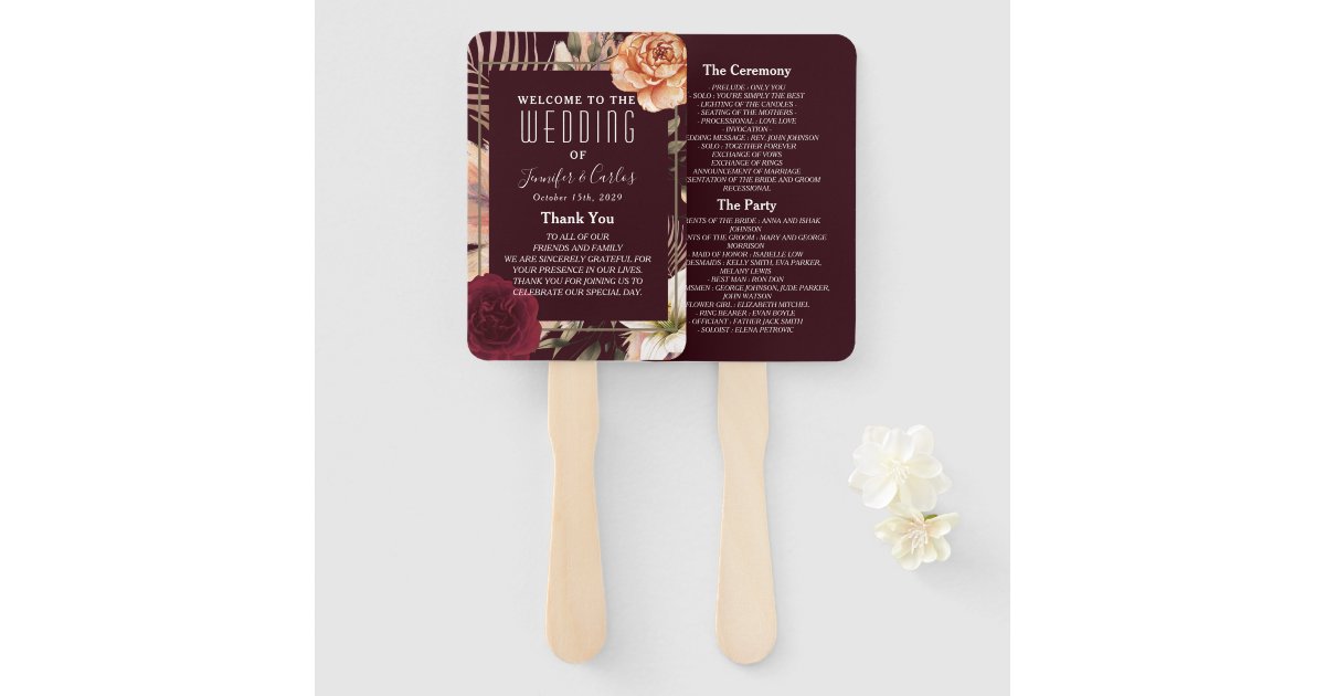 Floral Burgundy Wedding Program Hand Fan | Zazzle