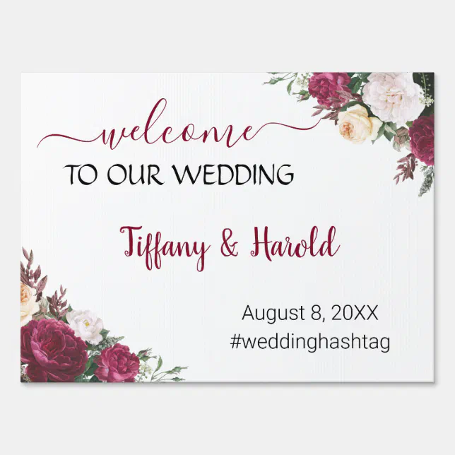 Floral Burgundy Wedding Welcome Sign | Zazzle