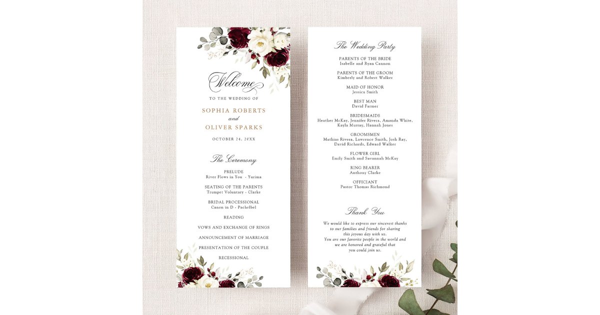 Floral Burgundy White Greenery Wedding Program | Zazzle