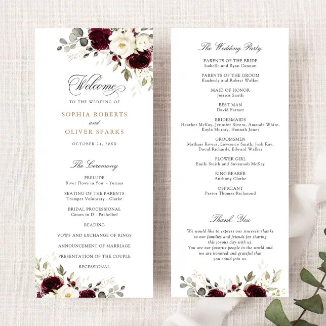 Floral Burgundy White Greenery Wedding Program | Zazzle