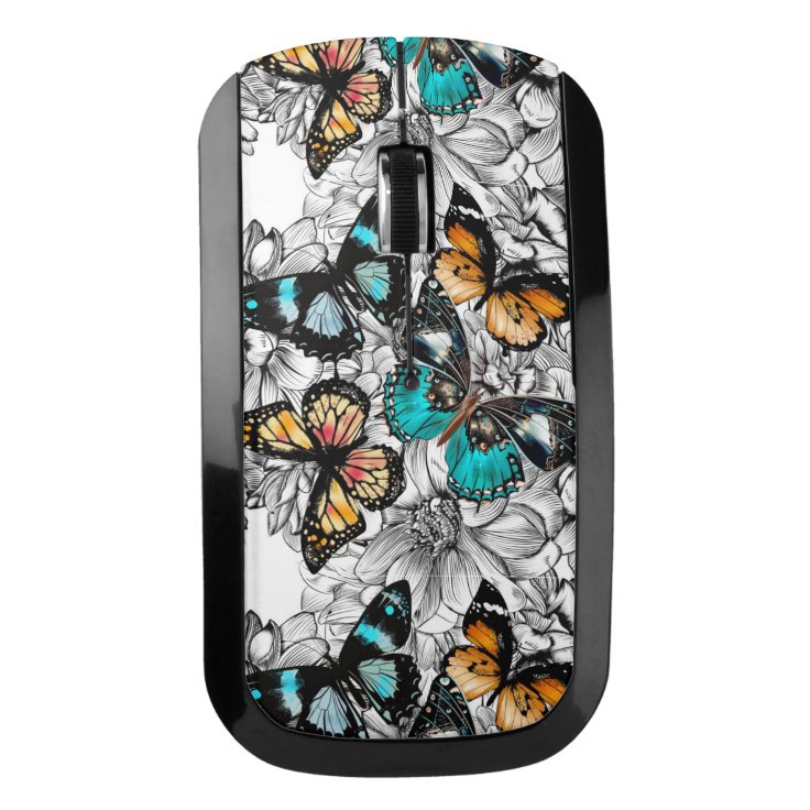 Floral Butterflies colorful sketch pattern Wireless Mouse | Zazzle