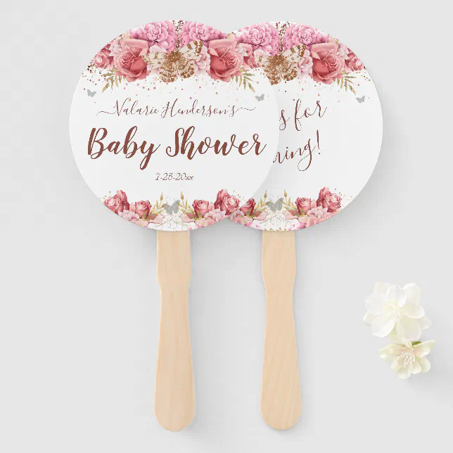 Floral Butterflies Pink Baby Shower Hand Fan | Zazzle