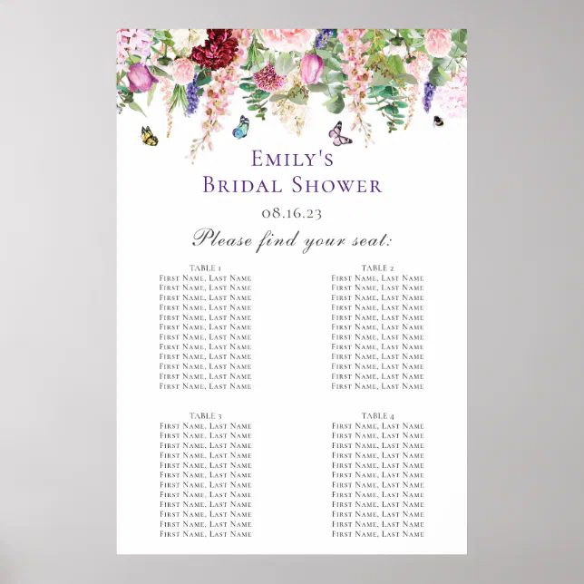 Floral & Butterfly Bridal Shower Seating Chart | Zazzle