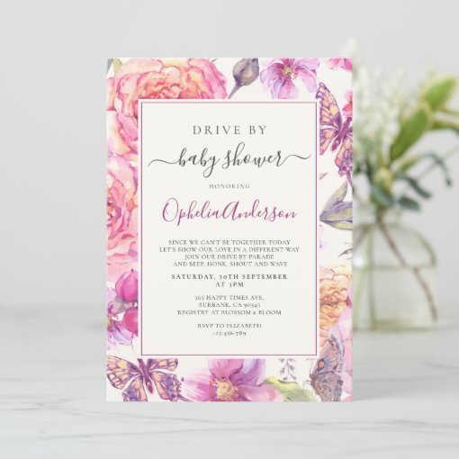 Floral Butterfly Drive By Baby Shower Invitation | Zazzle