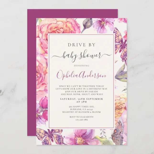 Floral Butterfly Drive By Baby Shower Invitation | Zazzle
