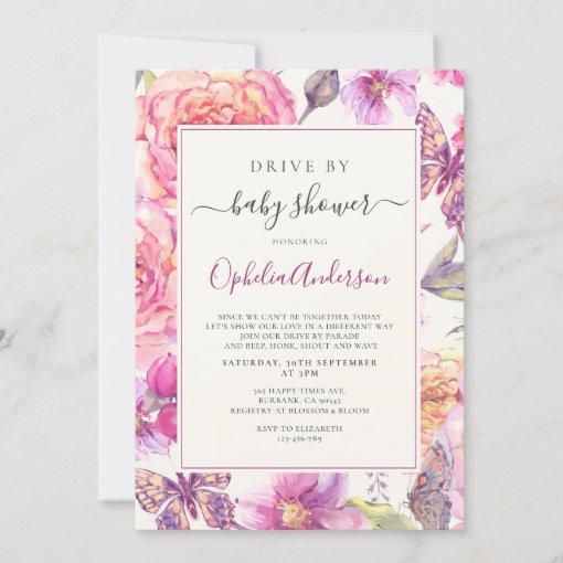 Floral Butterfly Drive By Baby Shower Invitation | Zazzle