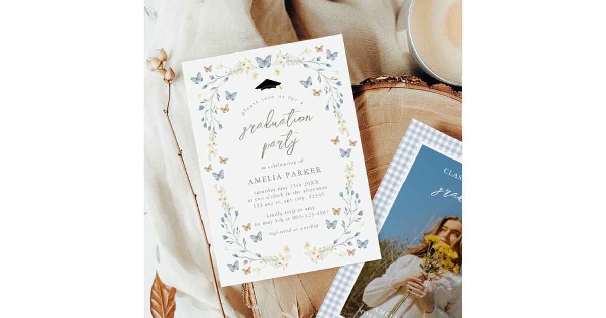 Floral Butterfly Dusty Blue Photo Graduation Invitation | Zazzle