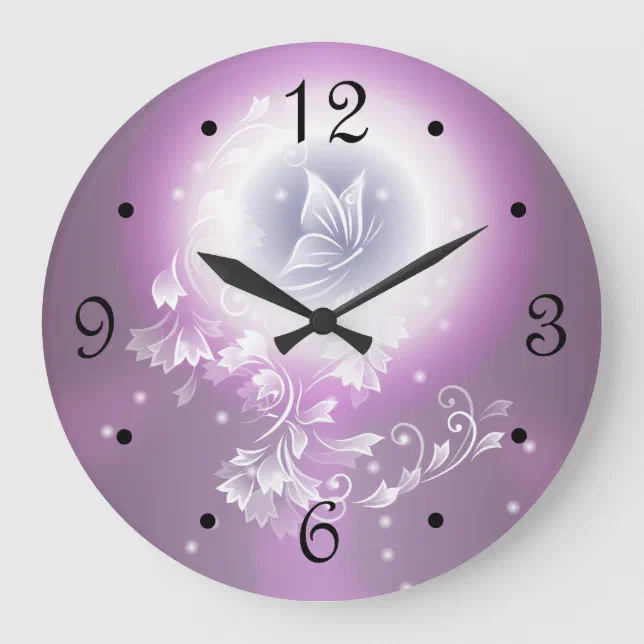 Floral Butterfly Fantasy Purple Large Clock | Zazzle