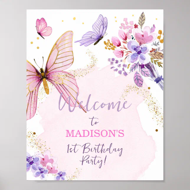 Floral Butterfly Garden Pink Girl Birthday Welcome Poster | Zazzle