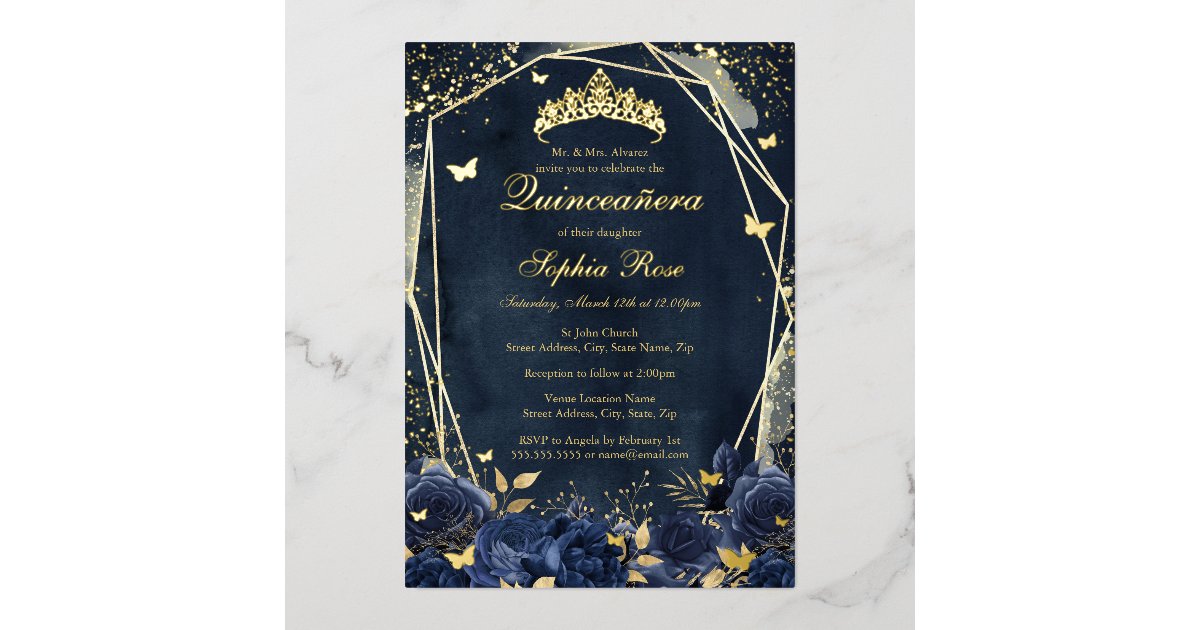 Floral Butterfly Tiara Gold Navy Quinceanera Foil Invitation | Zazzle