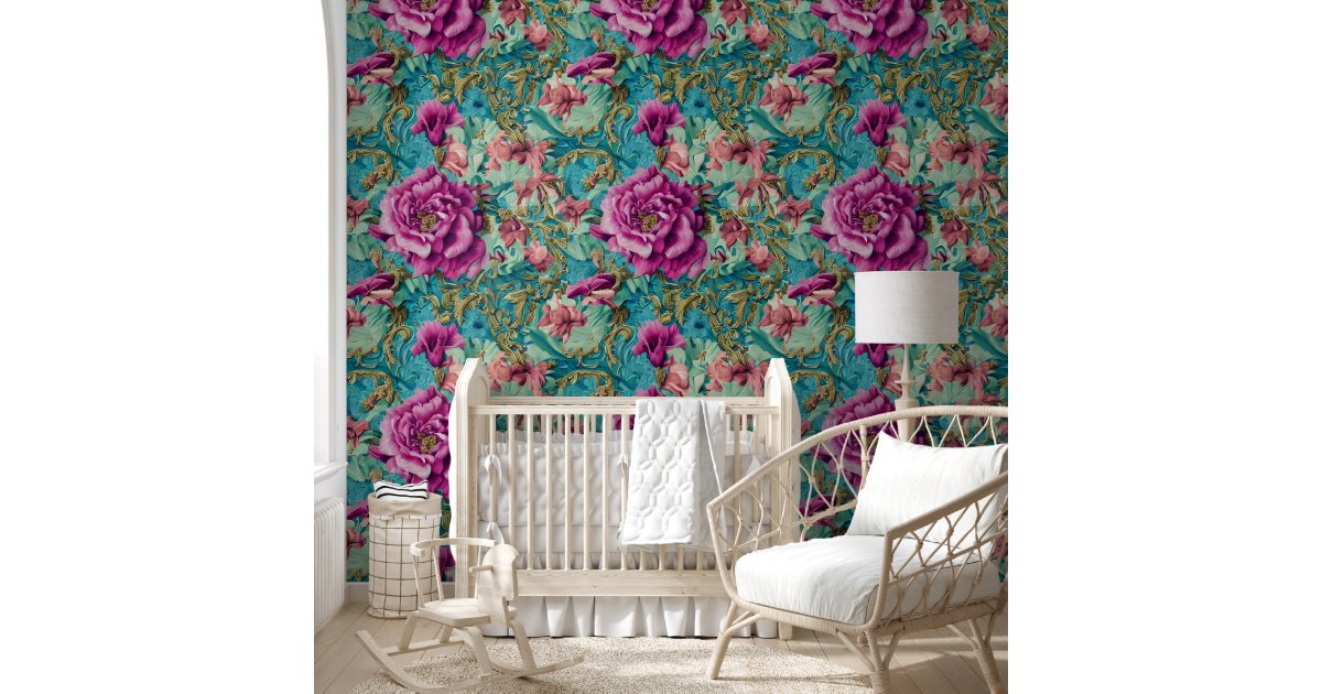 Floral Byzantine country cottage flower mural Wallpaper | Zazzle