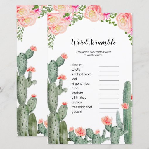 Floral Cactus Watercolor Word Scramble Game | Zazzle