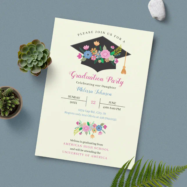 Floral Cap Graduation Party Invitation | Zazzle